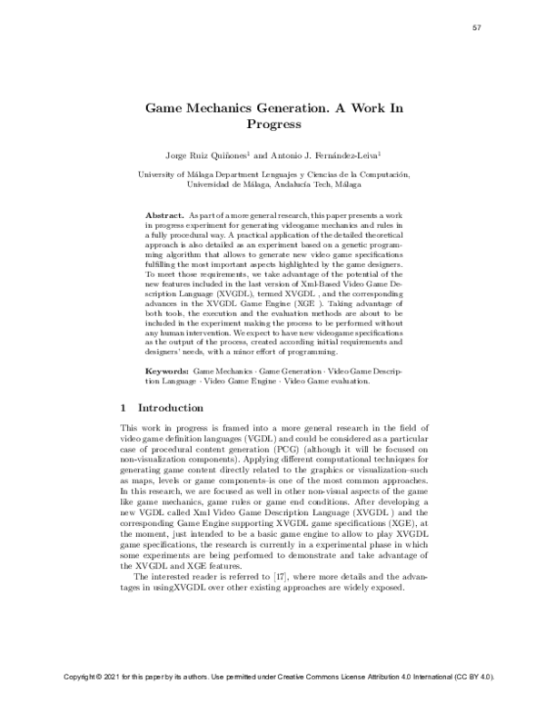 (PDF) Game Mechanics Generation. A Work In Progress