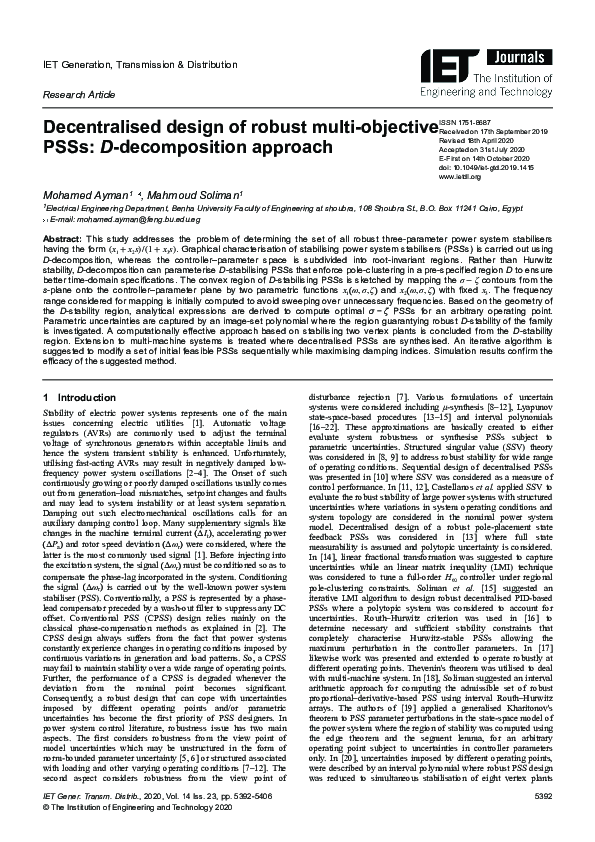 (PDF) Decentralised design of robust multi‐objective PSSs: D ‐decomposition approach