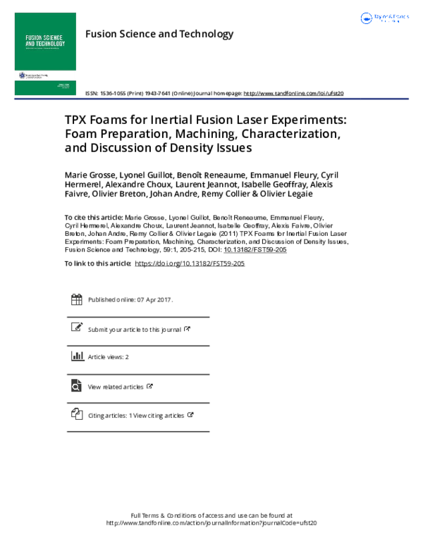 (PDF) TPX Foams for Inertial Fusion Laser Experiments: Foam Preparation ...