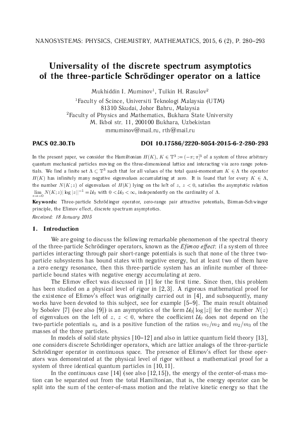 (PDF) Universality of the discrete spectrum asymptotics of the three-particle Schrödinger ...