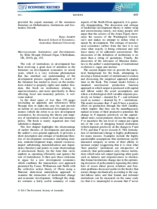 (PDF) Macroeconomic Institutions and Development