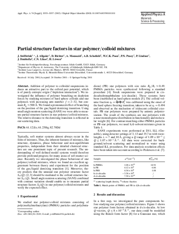 (PDF) Partial structure factors in star polymer/colloid mixtures