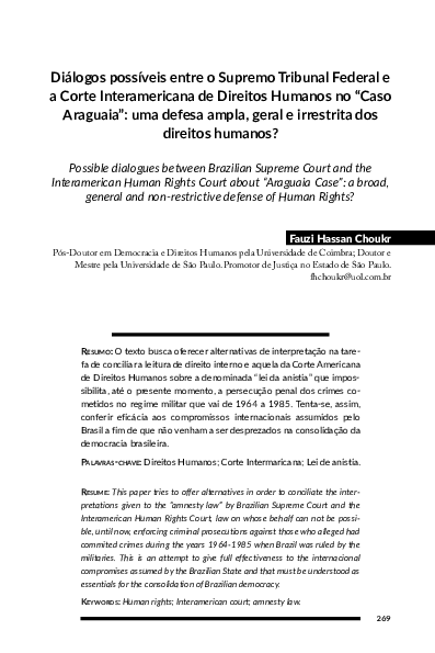 (PDF) Diálogos possíveis entre o Supremo Tribunal Federal e a Corte Interamericana de Direitos ...