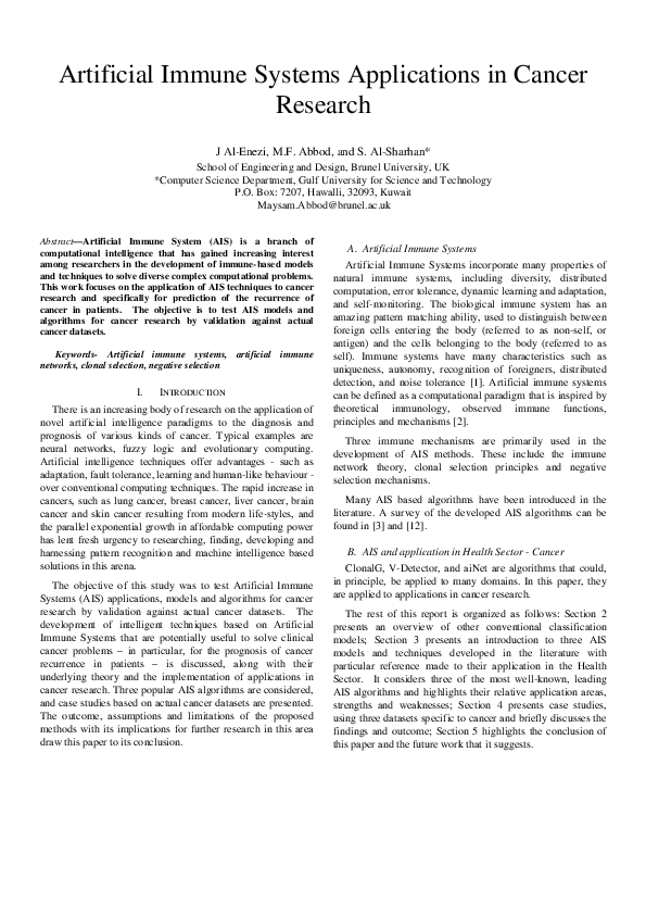 (PDF) Artificial Immune Systems Applications in Cancer Research