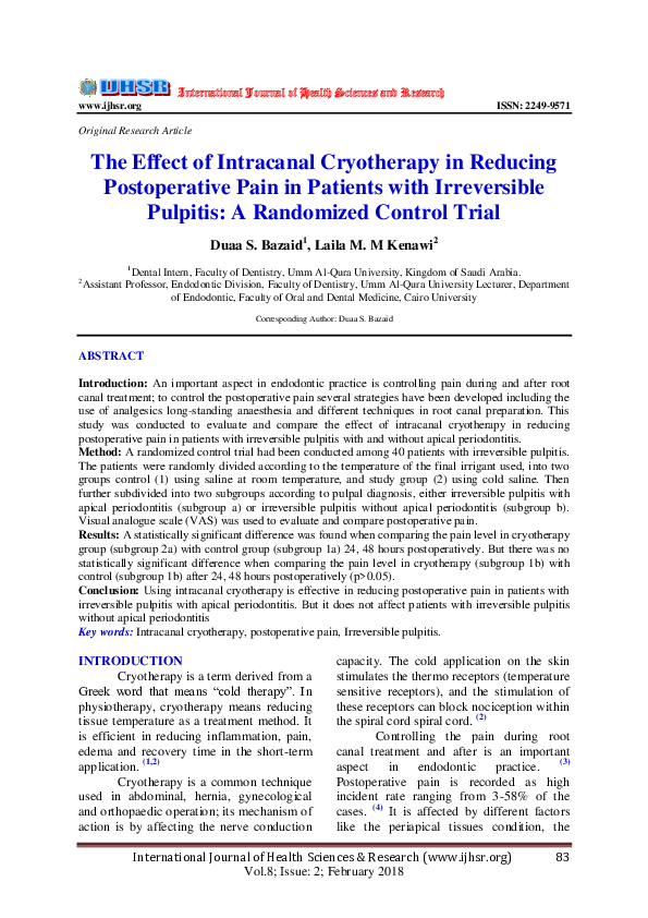 (PDF) The Effect of Intracanal Cryotherapy in Reducing Postoperative ...