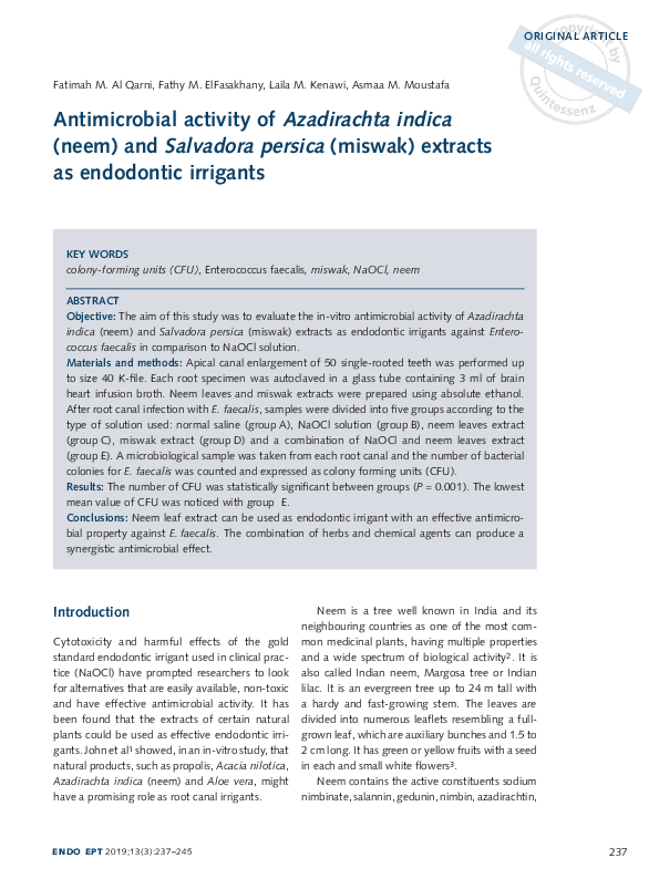 (PDF) Antimicrobial activity of Azadirachta indica (neem) and Salvadora persica (miswak ...