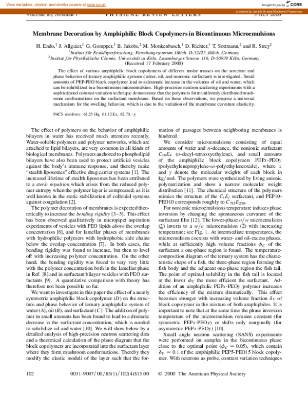 (PDF) Membrane decoration by amphiphilic block copolymers in bicontinuous microemulsions