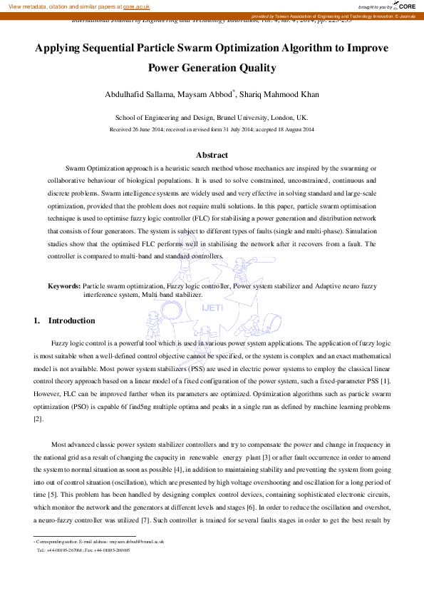 (PDF) Applying Sequential Particle Swarm Optimization Algorithm to Improve Power Generation Quality