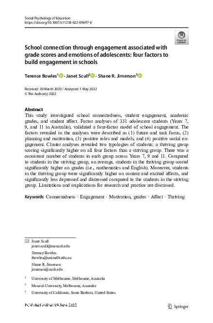 (PDF) School connection through engagement associated with grade scores ...