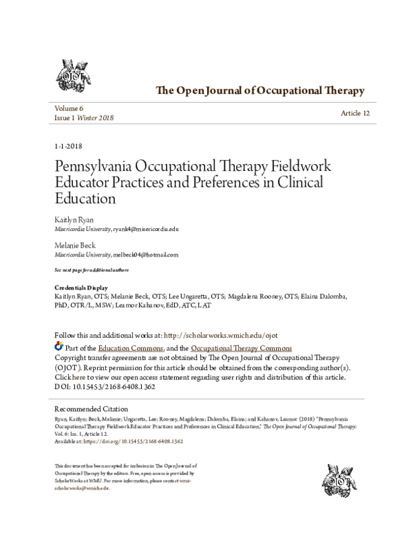(PDF) Pennsylvania Occupational Therapy Fieldwork Educator Practices ...