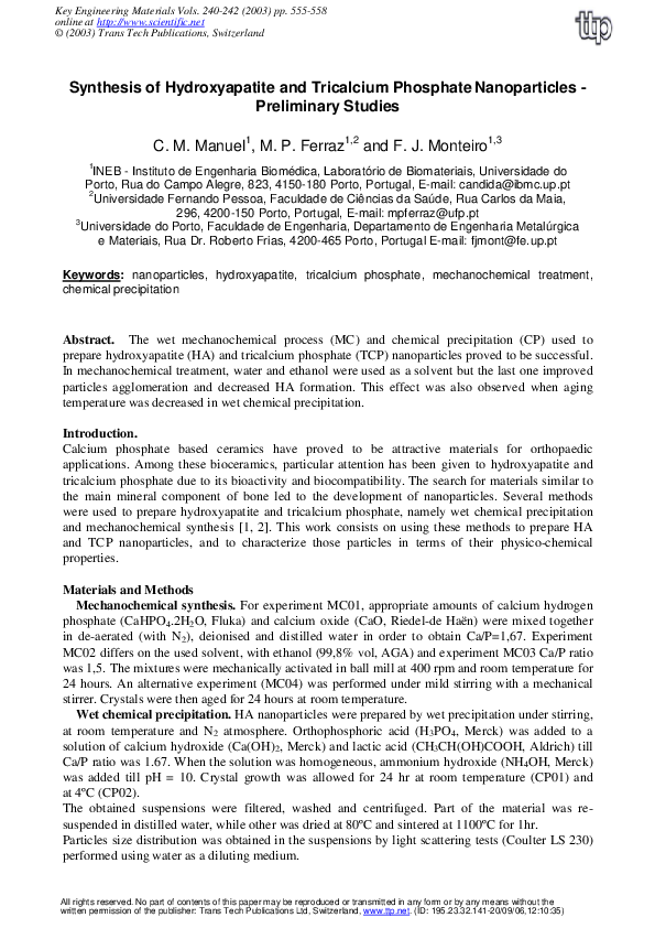 (PDF) Synthesis of Hydroxyapatite and Tricalcium Phosphate Nanoparticles