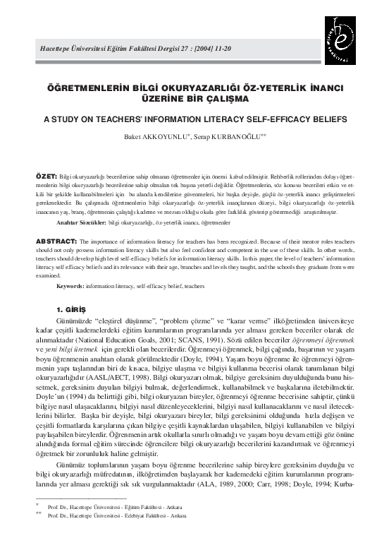 (PDF) A Study on Teachers'Information Literacy Self-Efficacy Beliefs