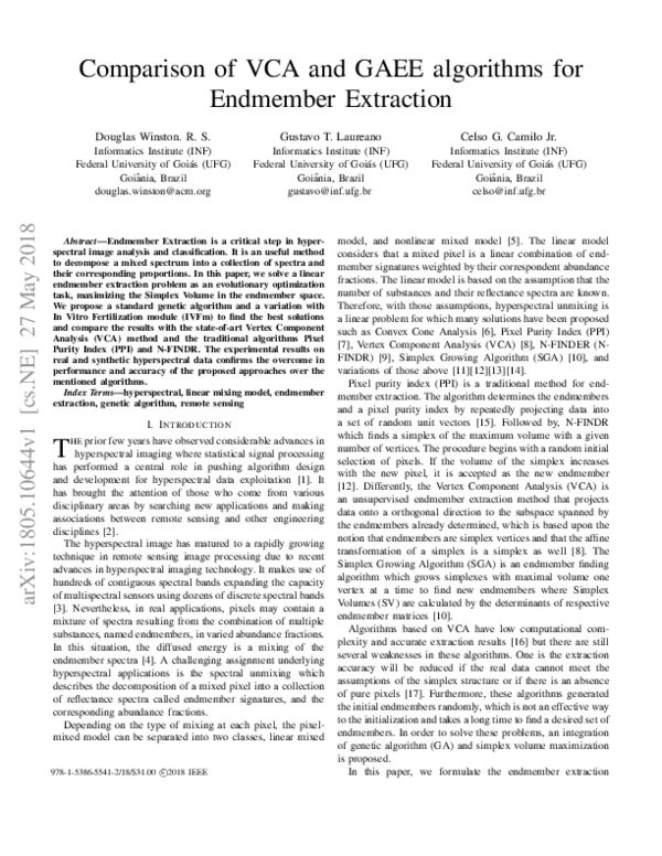 Pdf Comparison Of Vca And Gaee Algorithms For Endmember Extraction