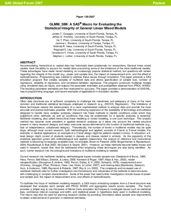 (PDF) GLMM_SIM: A SAS ® Macro for Evaluating the Statistical Integrity of General Linear Mixed ...