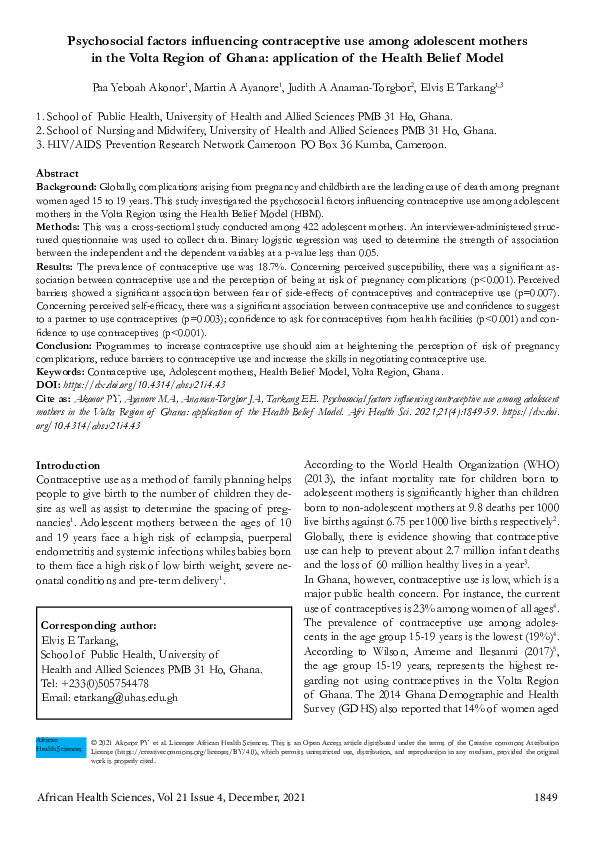 (PDF) Psychosocial factors influencing contraceptive use among adolescent mothers in the Volta ...