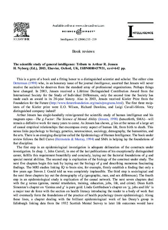 (PDF) The scientific study of general intelligence: Tribute to Arthur R. Jensen H. Nyborg (Ed ...