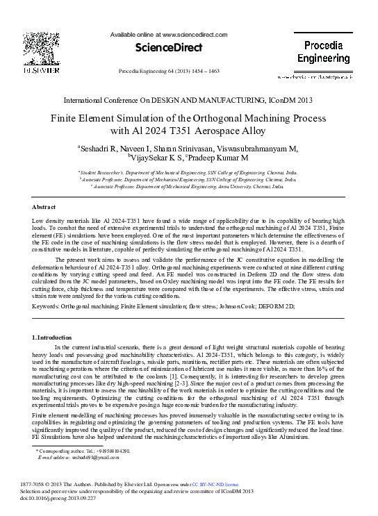Pdf Finite Element Simulation Of The Orthogonal Machining Process With Al 2024 T351 Aerospace