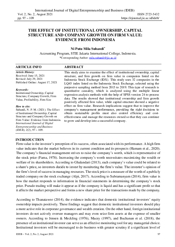 (PDF) The Effect of Institutional Ownership, Capital Structure and Company Growth on Firm Value ...