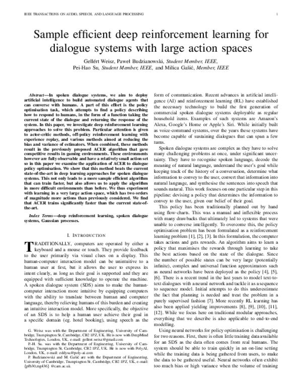 (PDF) Sample Efficient Deep Reinforcement Learning for Dialogue Systems With Large Action Spaces