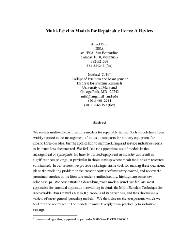 (PDF) Multi-echelon models for repairable items: A review
