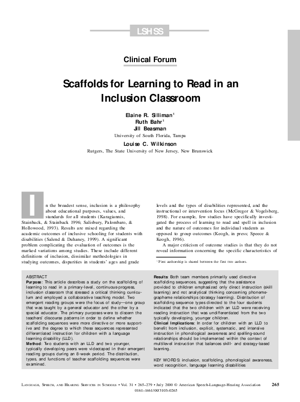 (PDF) Scaffolds for Learning to Read in an Inclusion Classroom