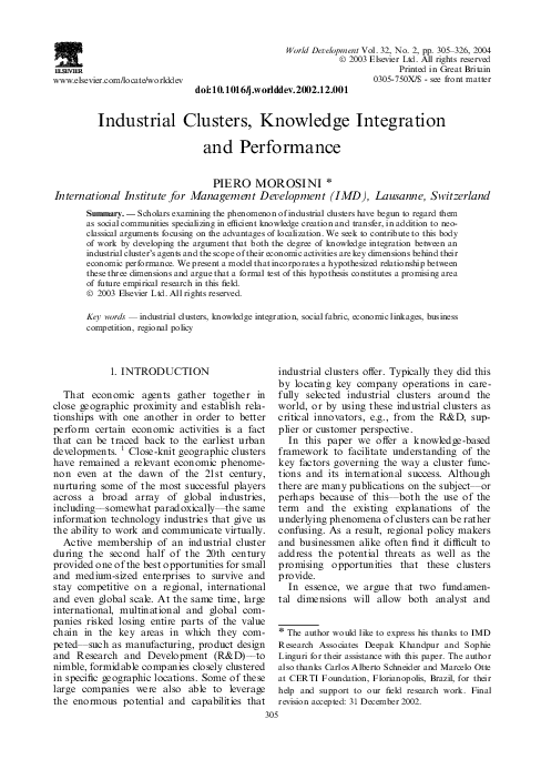 (PDF) Industrial Clusters, Knowledge Integration and Performance ...