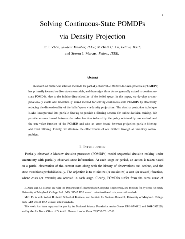 (PDF) Solving Continuous-State POMDPs via Density Projection | Michael Fu - Academia.edu