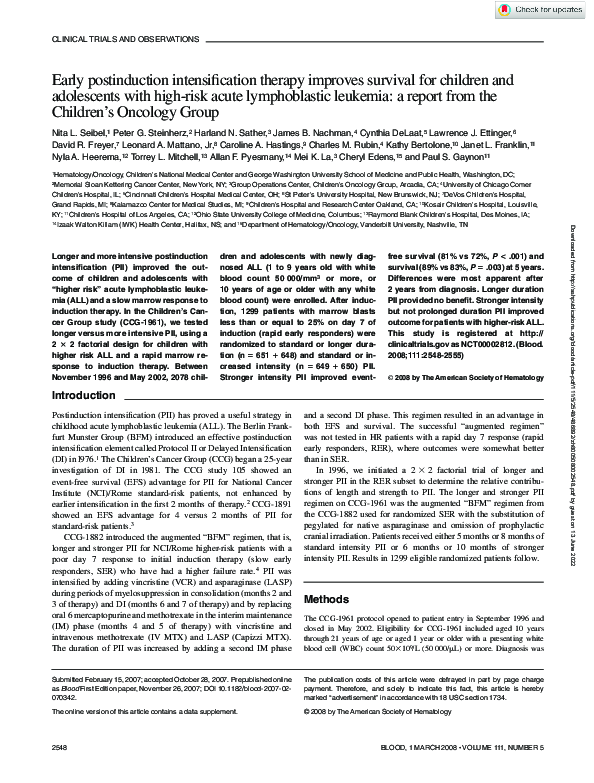 (PDF) Early postinduction intensification therapy improves survival for ...