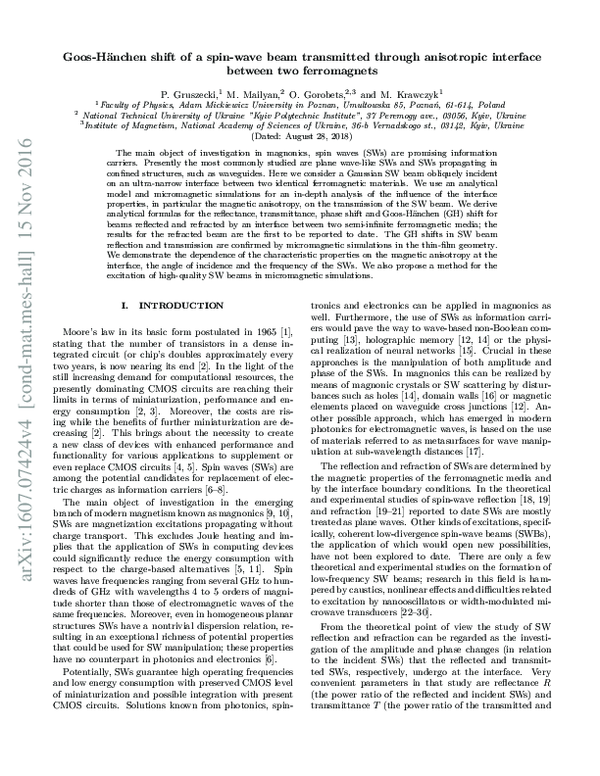 (PDF) Goos-Hänchen shift of a spin-wave beam transmitted through anisotropic interface between ...