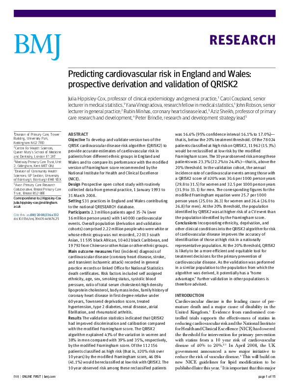 (PDF) Predicting cardiovascular risk in England and Wales: prospective ...