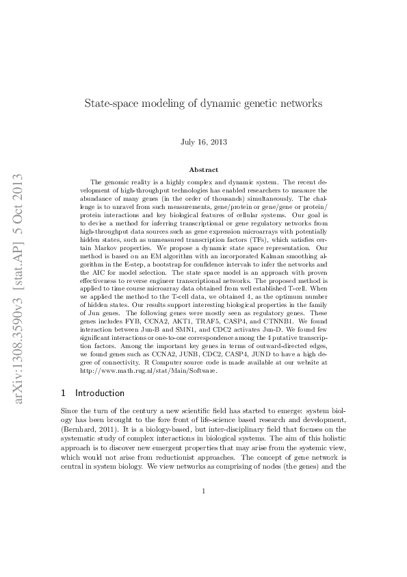 Pdf State Space Modeling Of Dynamic Genetic Networks Anani Lotsi