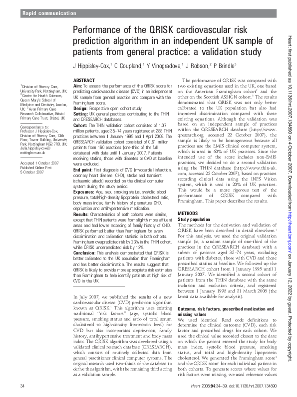 (PDF) Performance of the QRISK cardiovascular risk prediction algorithm ...