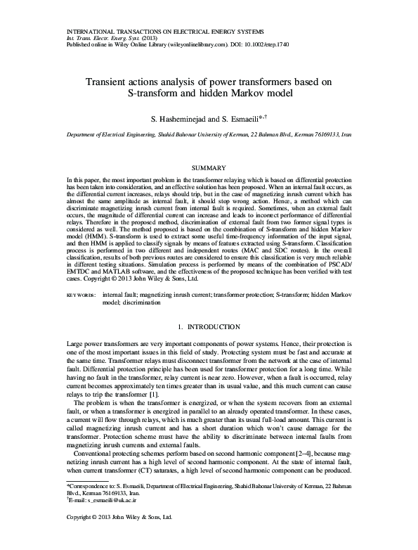 Pdf Transient Actions Analysis Of Power Transformers Based On S Transform And Hidden Markov Model
