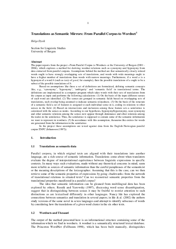 (PDF) Translations as semantic mirrors: from parallel corpus to wordnet