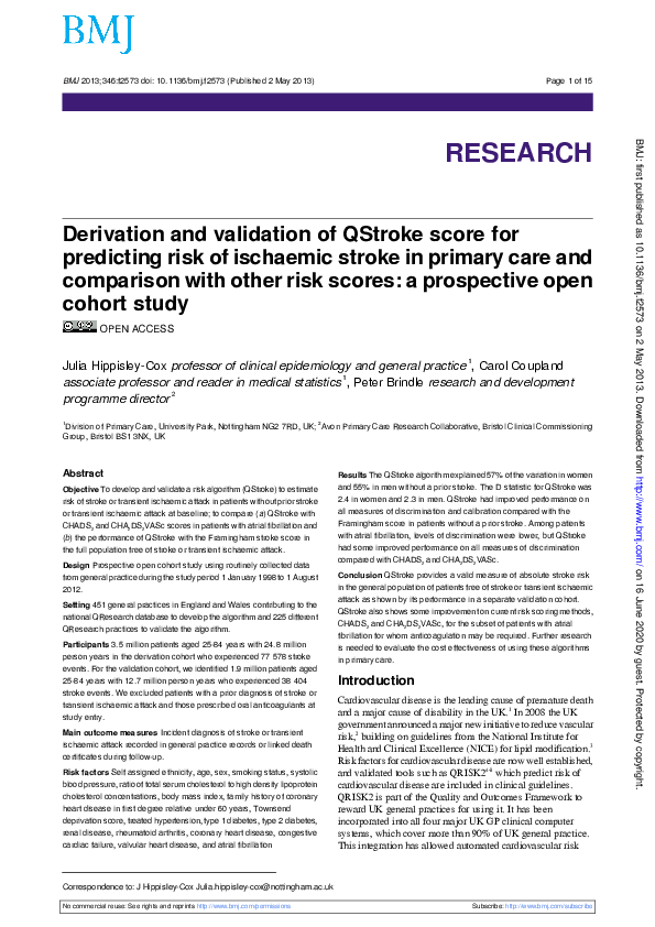 (PDF) Derivation and validation of QStroke score for predicting risk of ...