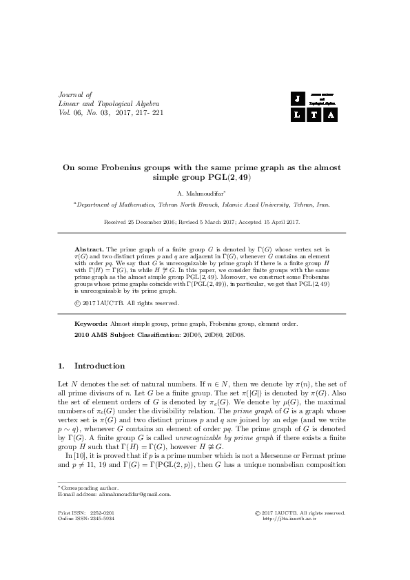 Pdf On Some Frobenius Groups With The Same Prime Graph As The Almost