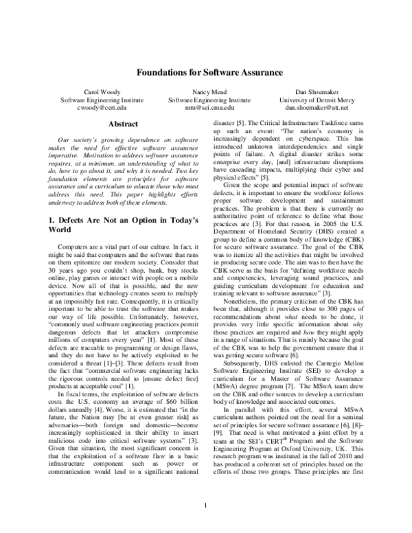 (PDF) Foundations for Software Assurance