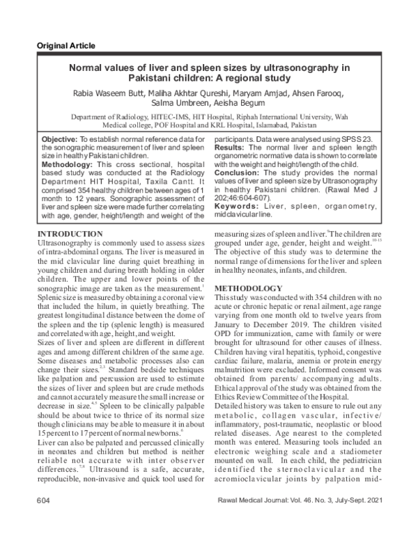 (PDF) Normal values of liver and spleen sizes by ultrasonography in ...