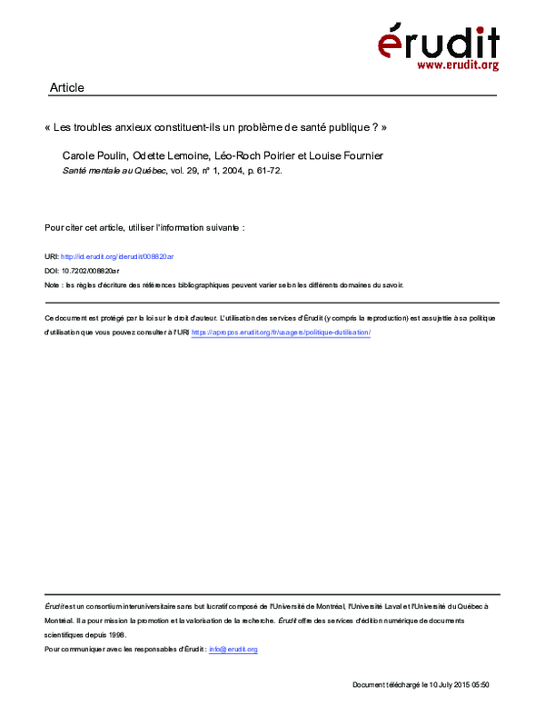(PDF) Les troubles anxieux constituent-ils un problème de santé publique