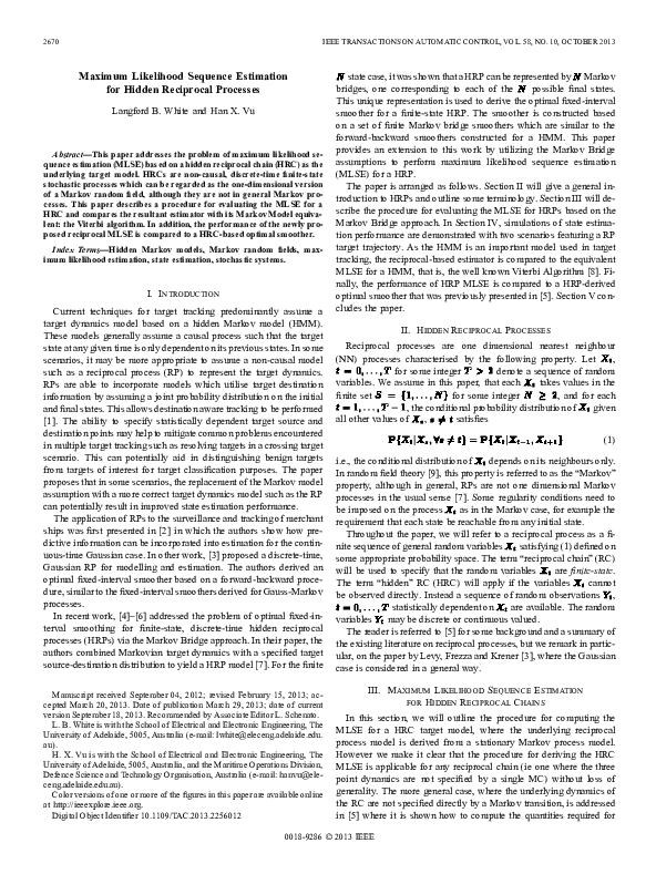 (PDF) Maximum Likelihood Sequence Estimation for Hidden Reciprocal Processes | han vu - Academia.edu