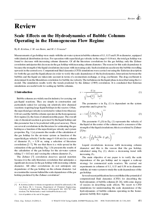 (PDF) Scale Effects on the Hydrodynamics of Bubble Columns Operating in the Homogeneous Flow Regime