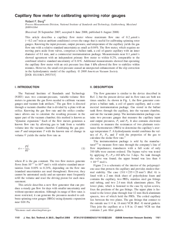 (PDF) Capillary flow meter for calibrating spinning rotor gauges