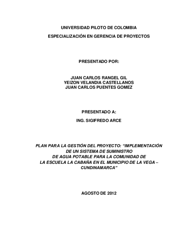 (PDF) Plan Para La Gestion Del Proyecto Implementacion De Un Sistema De Suministro De Agua ...