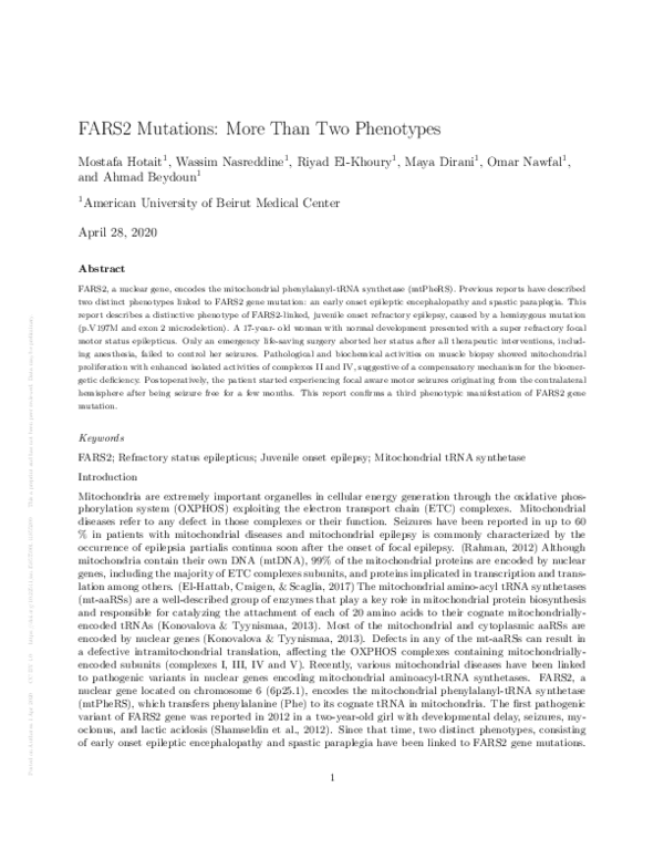 (PDF) FARS2 Mutations: More Than Two Phenotypes