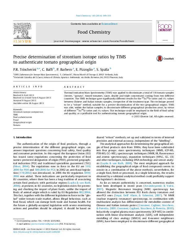 Pdf Precise Determination Of Strontium Isotope Ratios By Tims To Authenticate Tomato