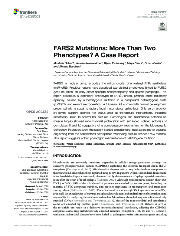 (PDF) FARS2 Mutations: More Than Two Phenotypes? A Case Report