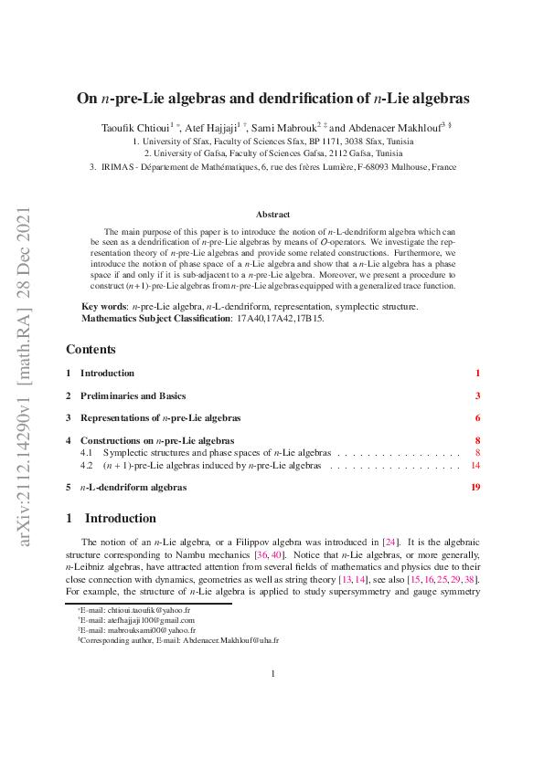 (PDF) On $n$-pre-Lie algebras and dendrification of $n$-Lie algebras