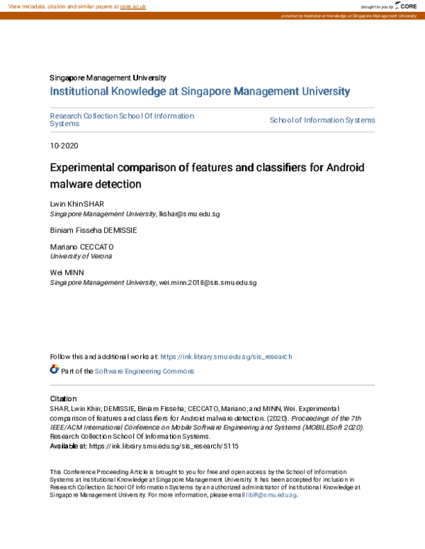 (PDF) Experimental comparison of features and classifiers for Android malware detection