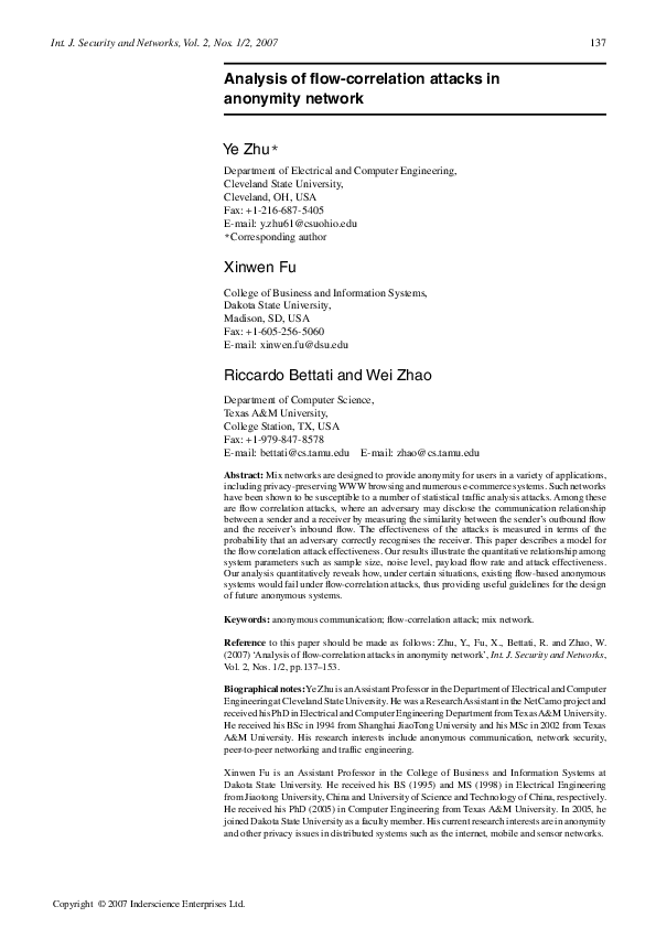 (PDF) Analysis of flow-correlation attacks in anonymity network