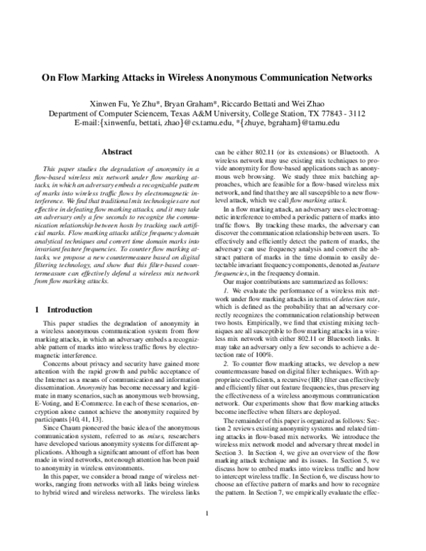 (PDF) On Flow Marking Attacks in Wireless Anonymous Communication Networks